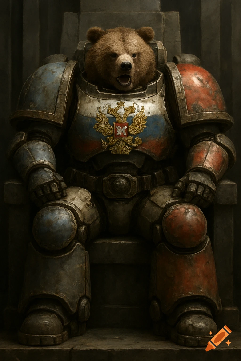 A bear in Warhammer 40,000 style power armor with Russian symbols sits ...