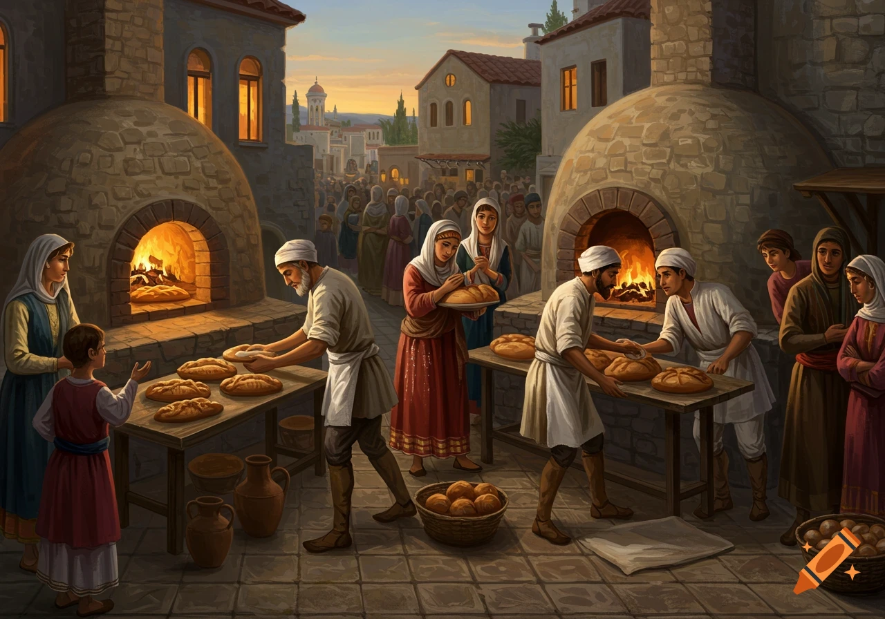 People bake bread in outdoor ovens in a bustling historical town square ...
