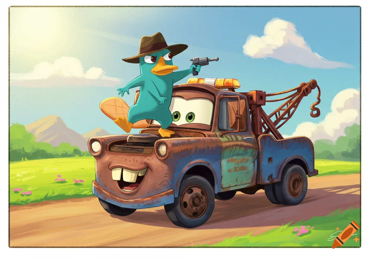 Perry the Platypus stands on Mater the tow truck in a sunny countryside ...