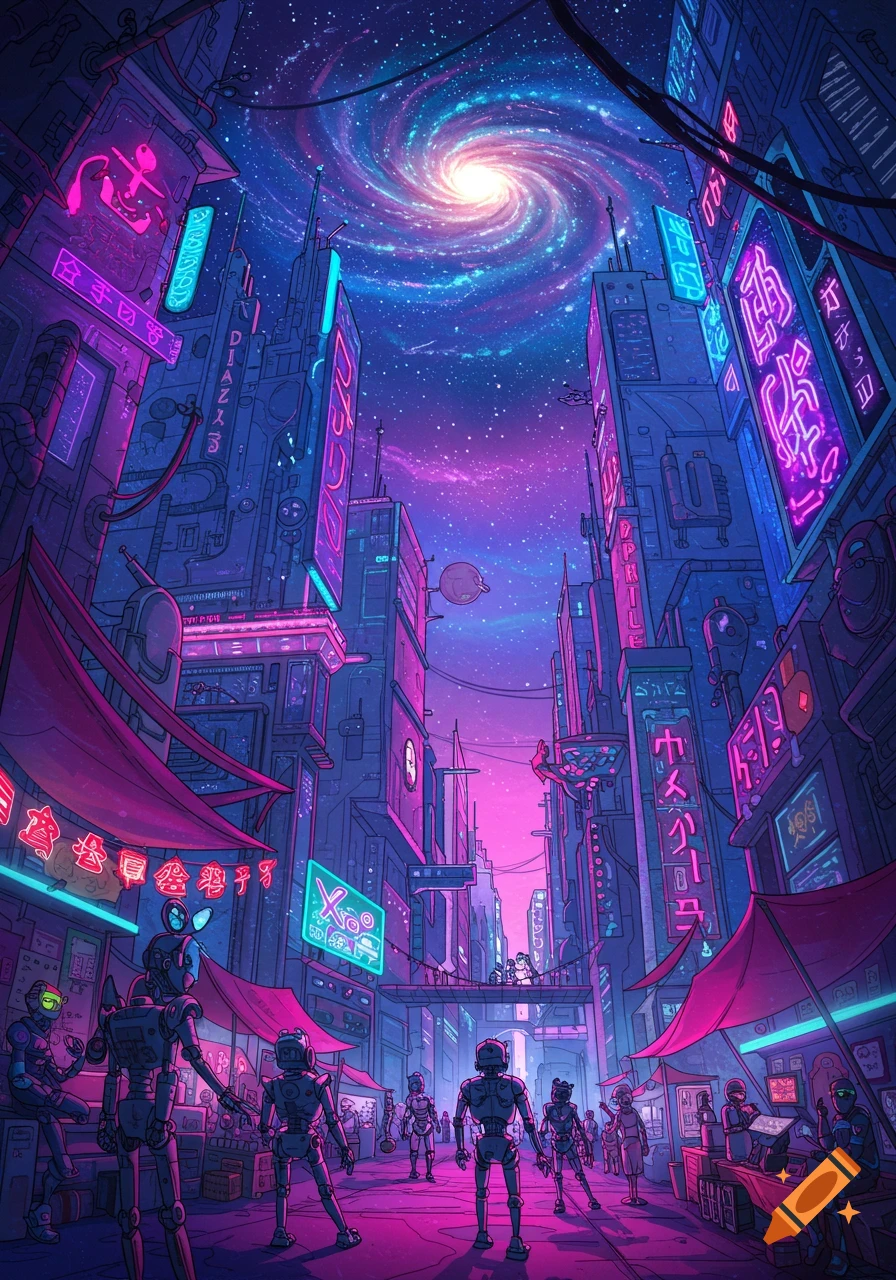 Cyberpunk city street at night with neon signs, robots, and a galaxy in ...