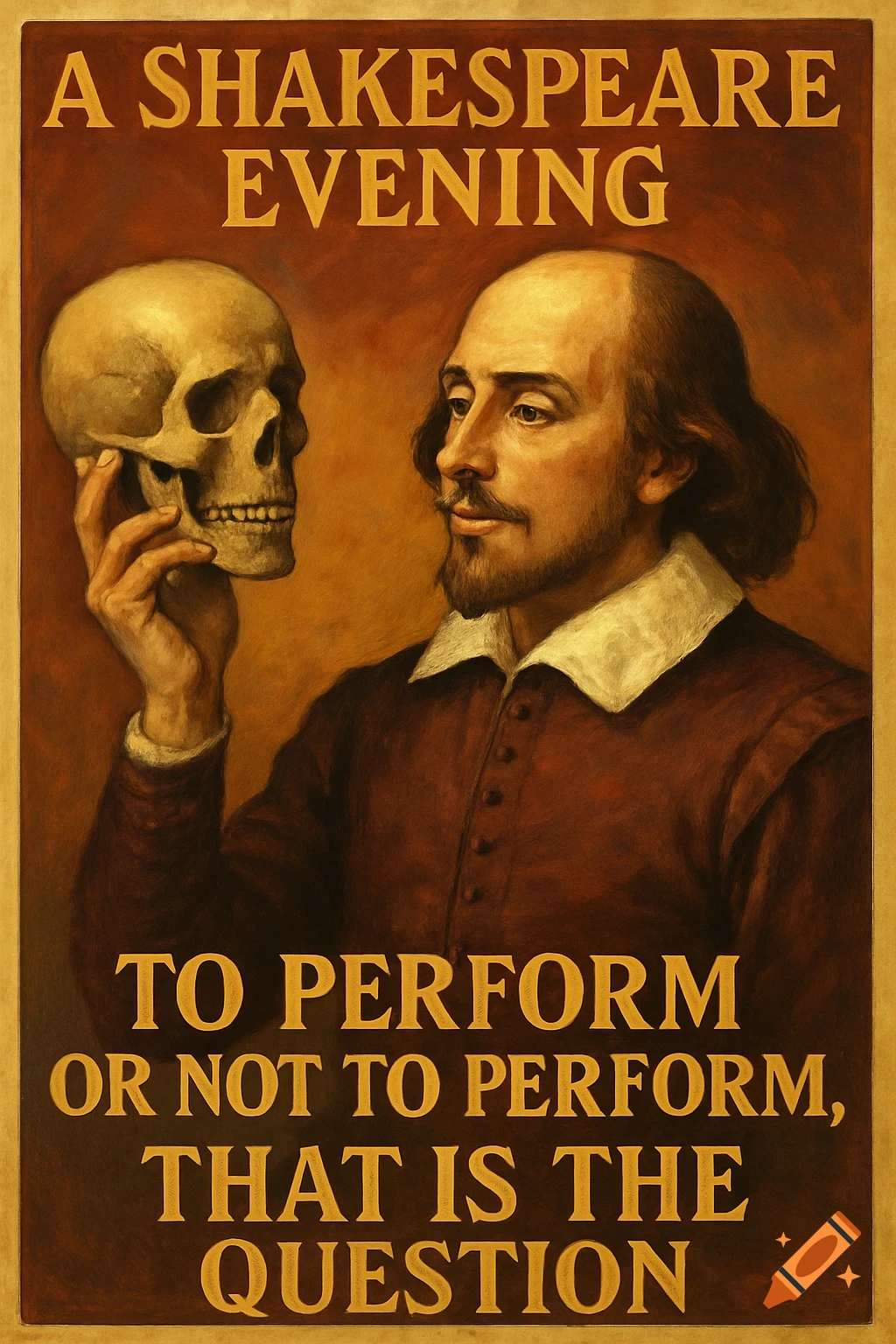 Painting of William Shakespeare holding a skull on a theater poster. on ...