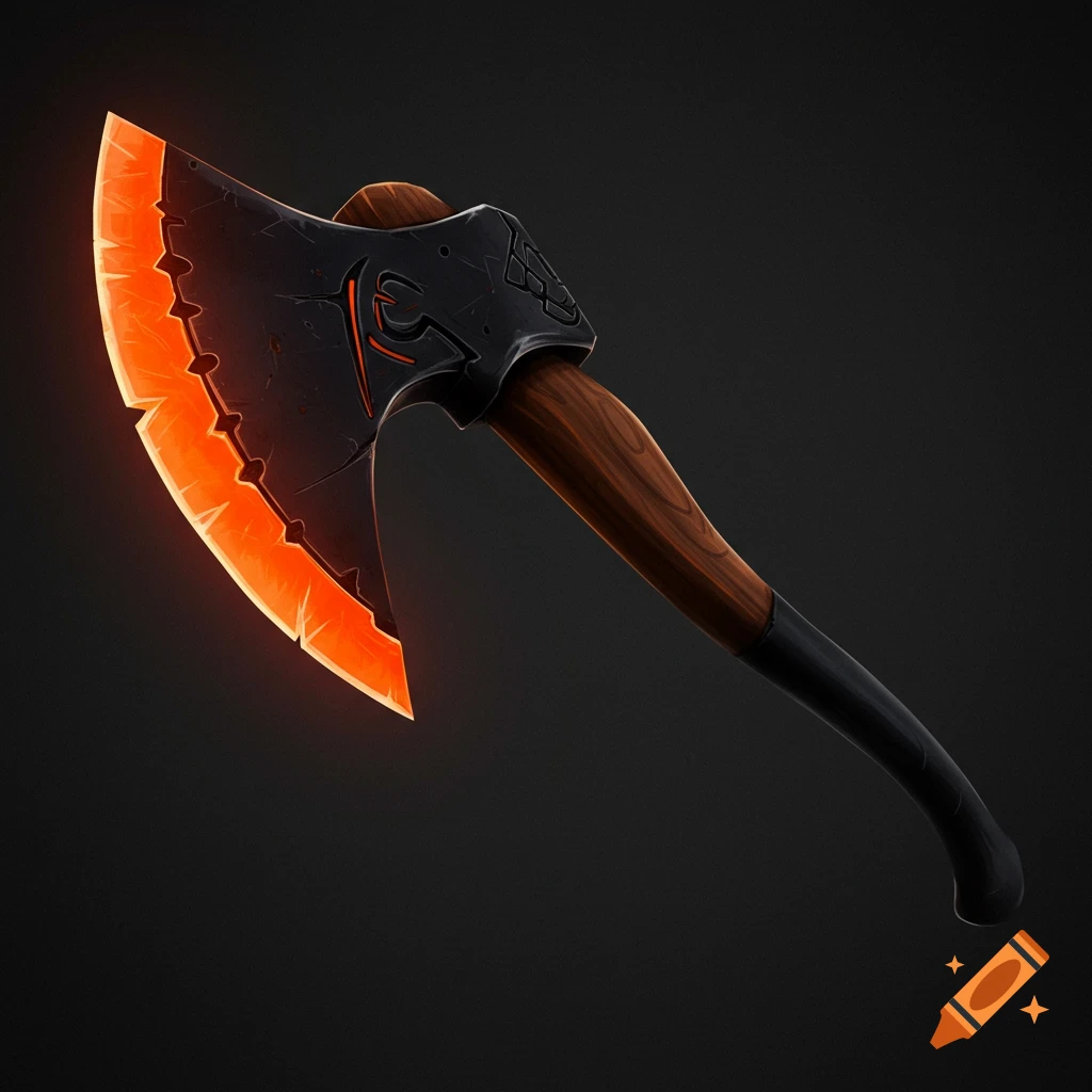 A detailed illustration of a black axe with a glowing orange blade and ...