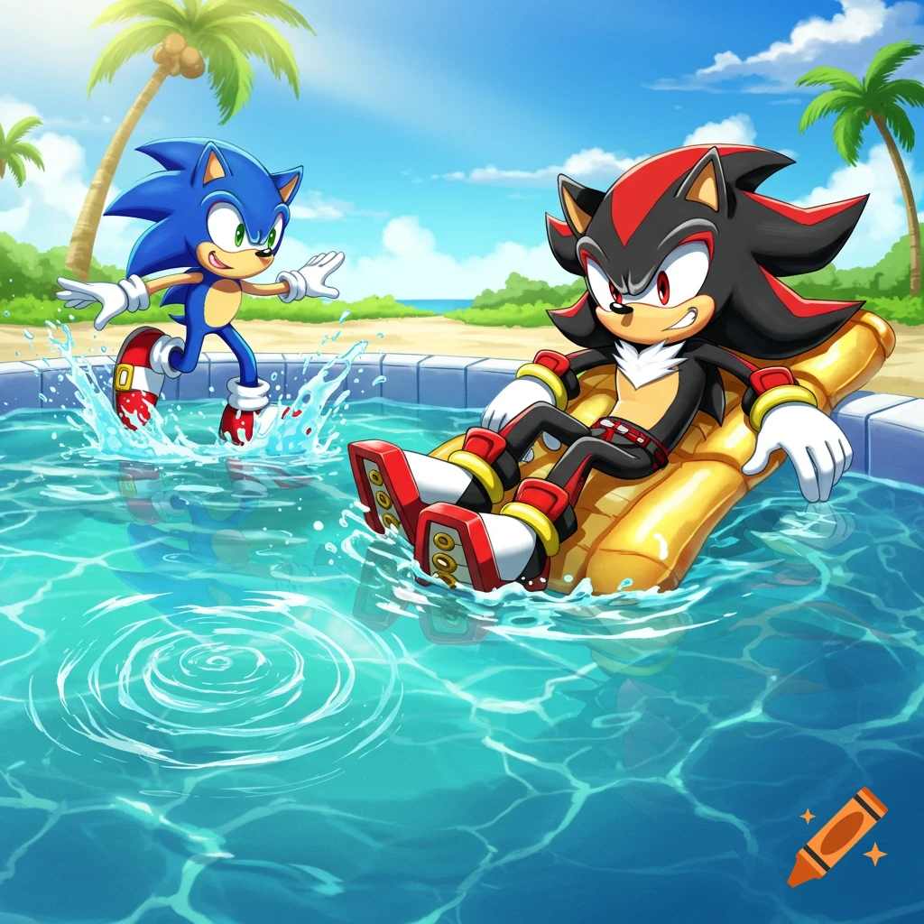 Sonic the Hedgehog jumps into a pool splashing water as Shadow the ...