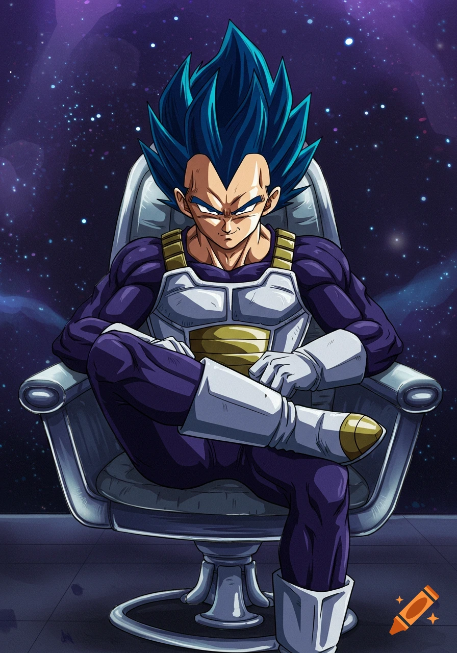 Anime drawing of Vegeta sitting in a chair crossing his legs in space ...