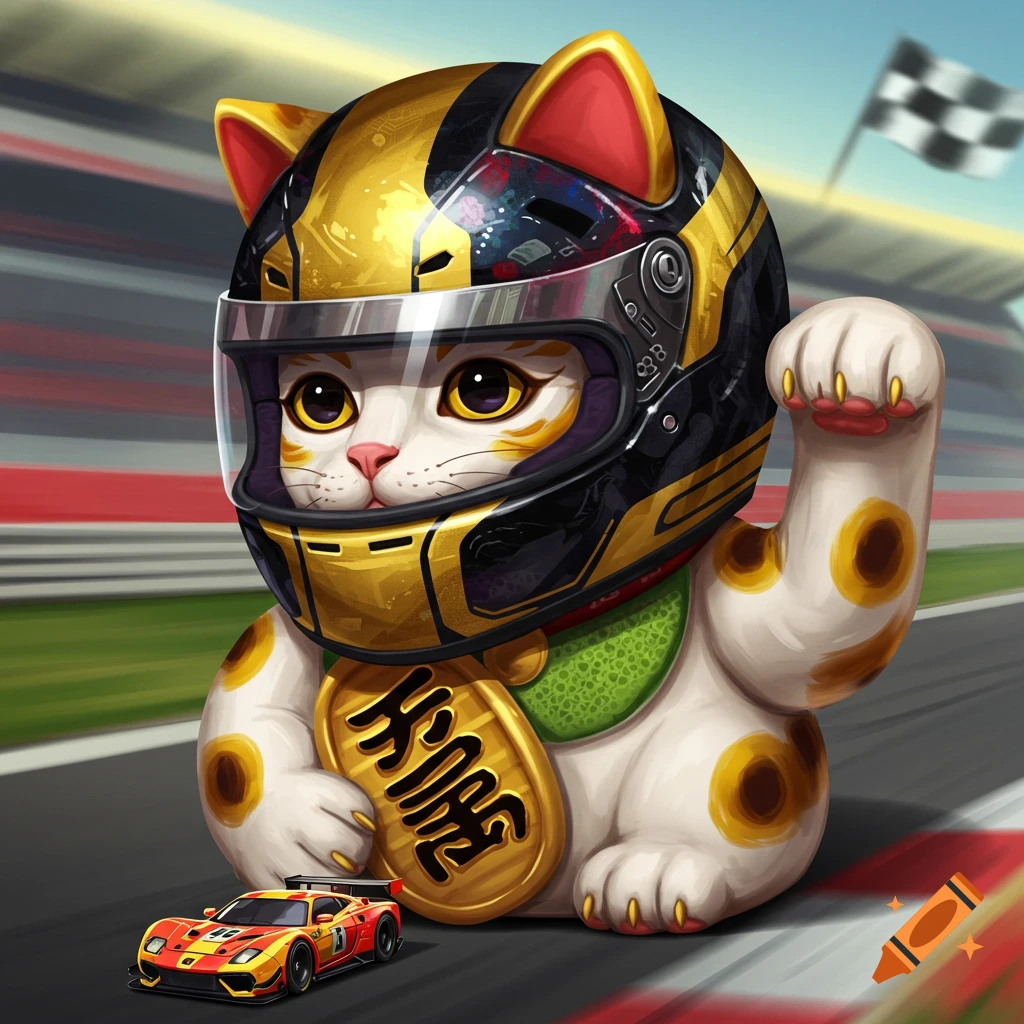 Cute Maneki-neko cat in racing helmet on a track with a race car. on ...