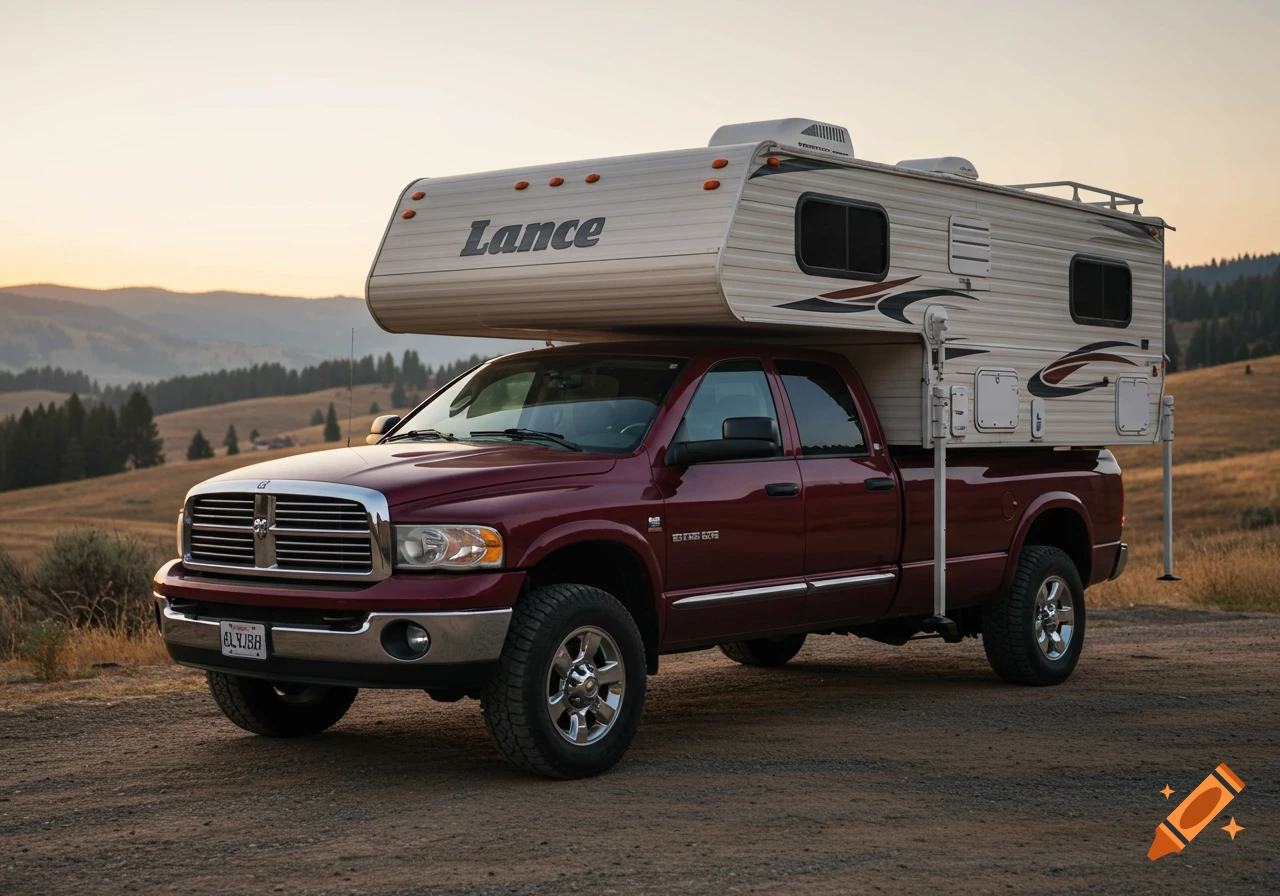 Maroon Dodge truck with a Lance truck camper parked on a dirt road in a ...