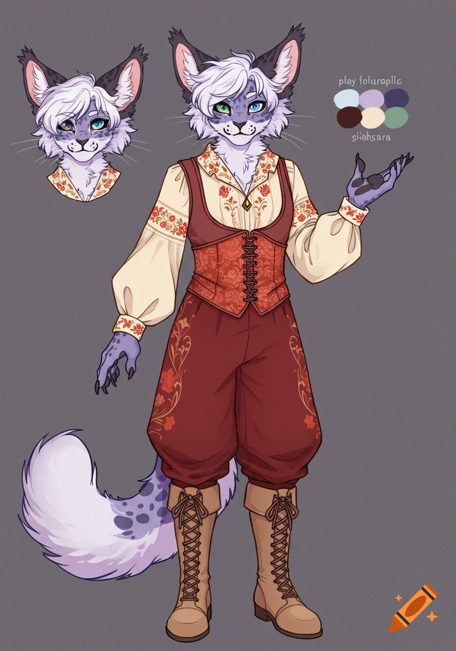 Character reference sheet of an anthropomorphic cat with white hair ...