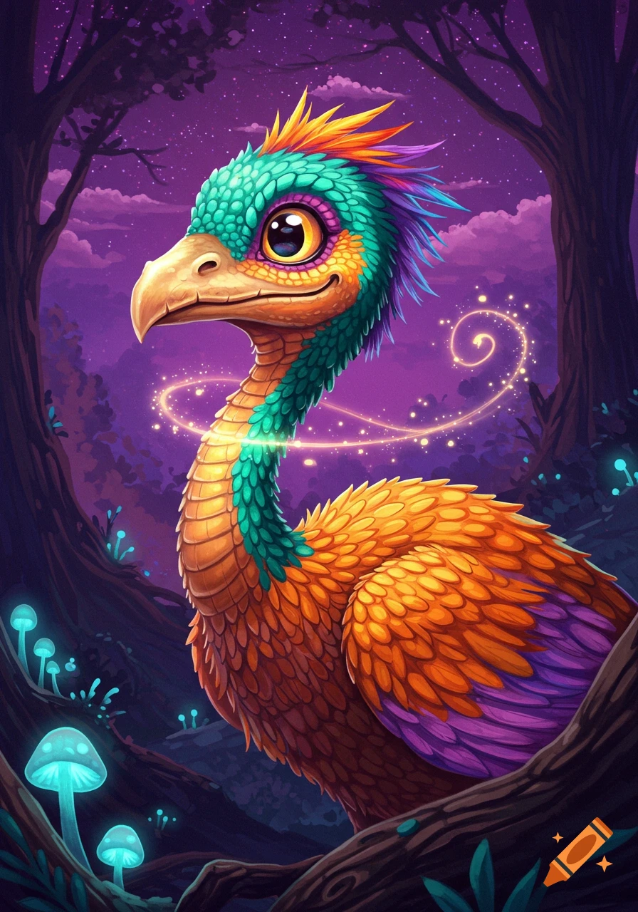 A colorful fantasy bird-like creature in a magical forest. on Craiyon