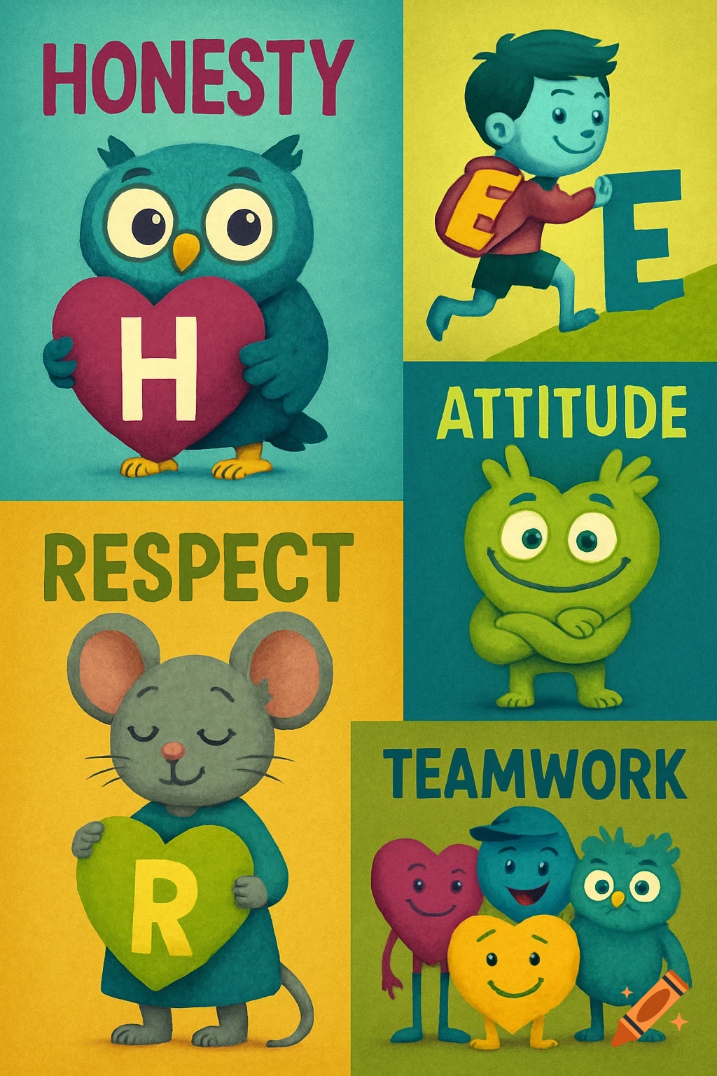 Cartoon collage illustrating values: an owl with 'H' for Honesty, boy ...