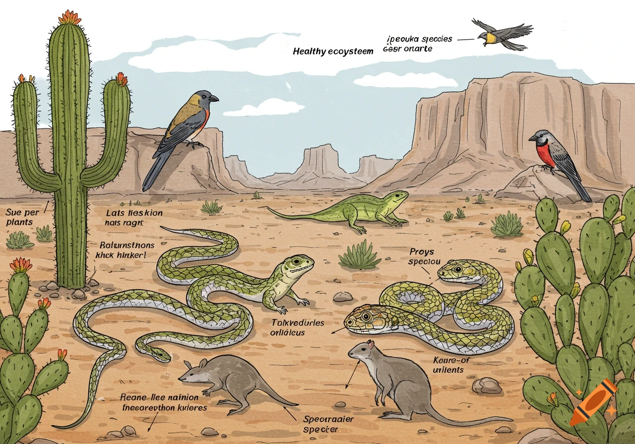 Illustration of a desert ecosystem with cacti, birds, snakes, lizards ...