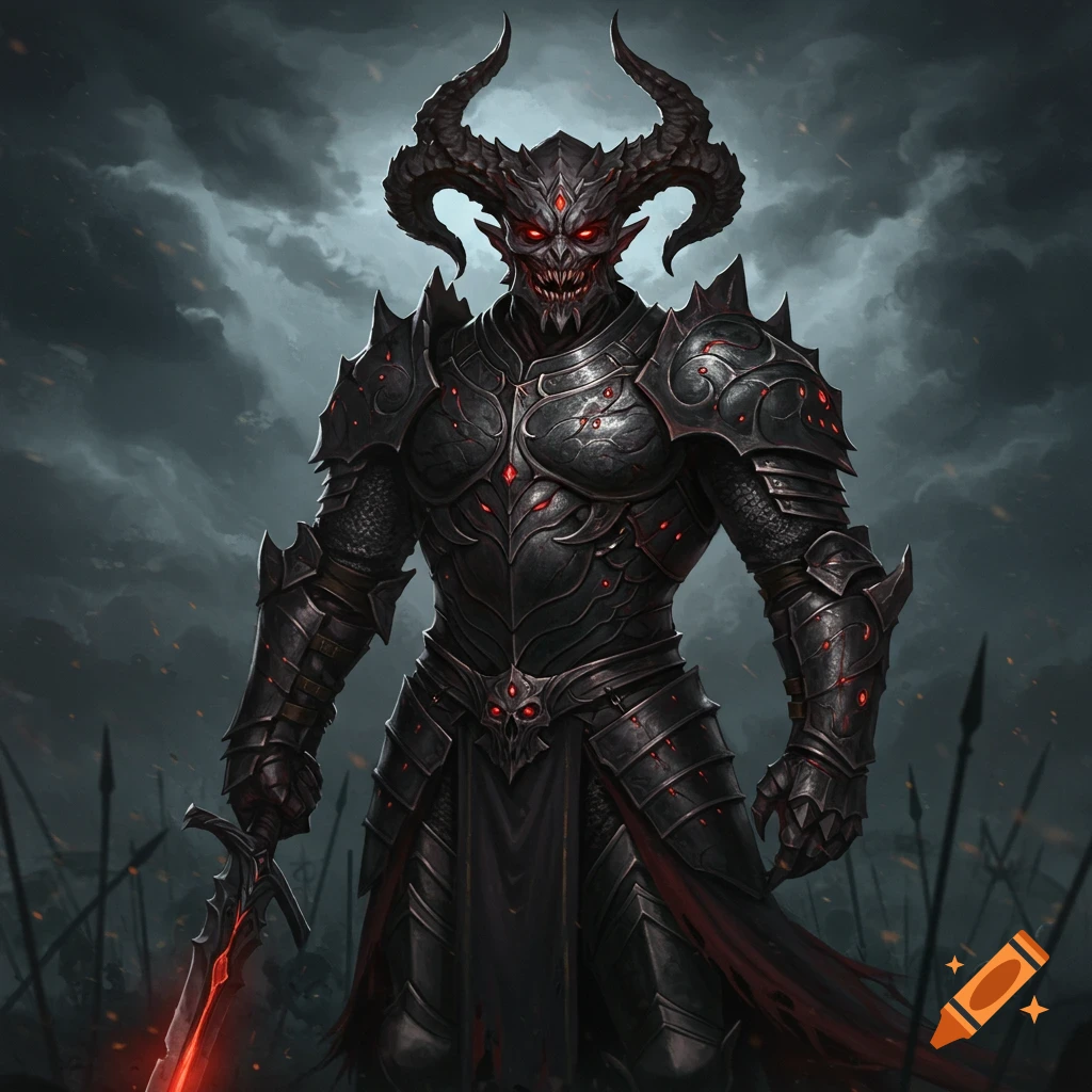 Dark fantasy demon knight in black armor holding a glowing sword. on ...