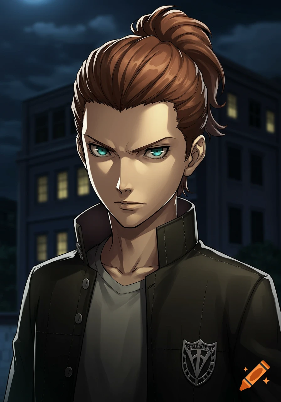 Stern anime character with ponytail and cyan eyes in dark jacket at ...
