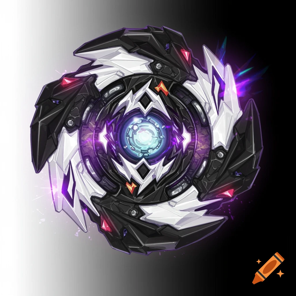 Anime illustration of a black and white Beyblade with purple and blue ...