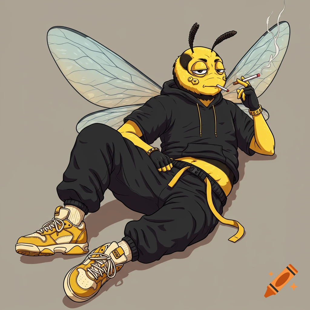 Anthropomorphic bee in streetwear smoking a cigarette, digital ...