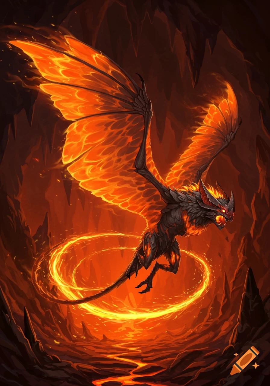 A fiery bat-like creature with glowing wings hovers over lava in a ...