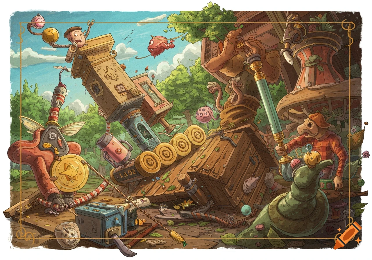 Whimsical illustration of fantastical creatures among broken mechanical ...