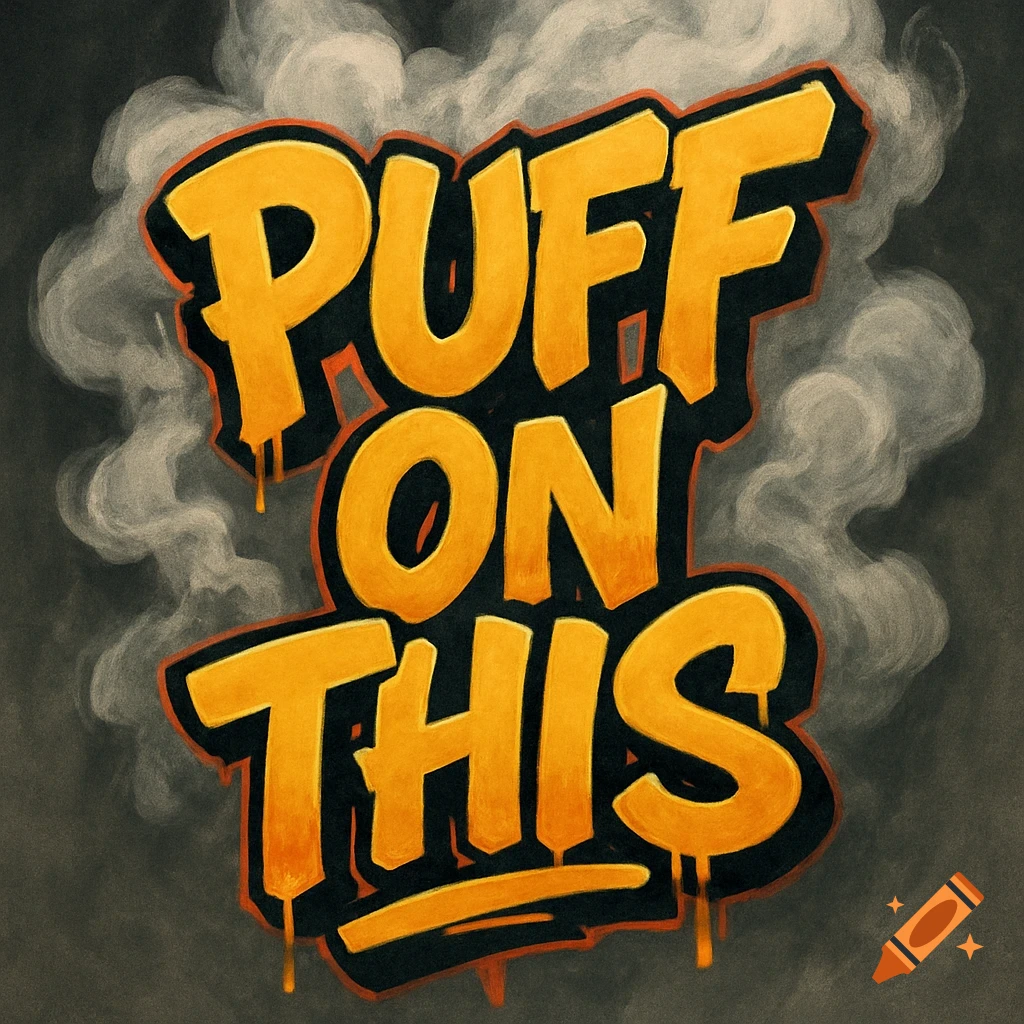 Stylized orange text 'PUFF ON THIS' with black outline and drips and ...