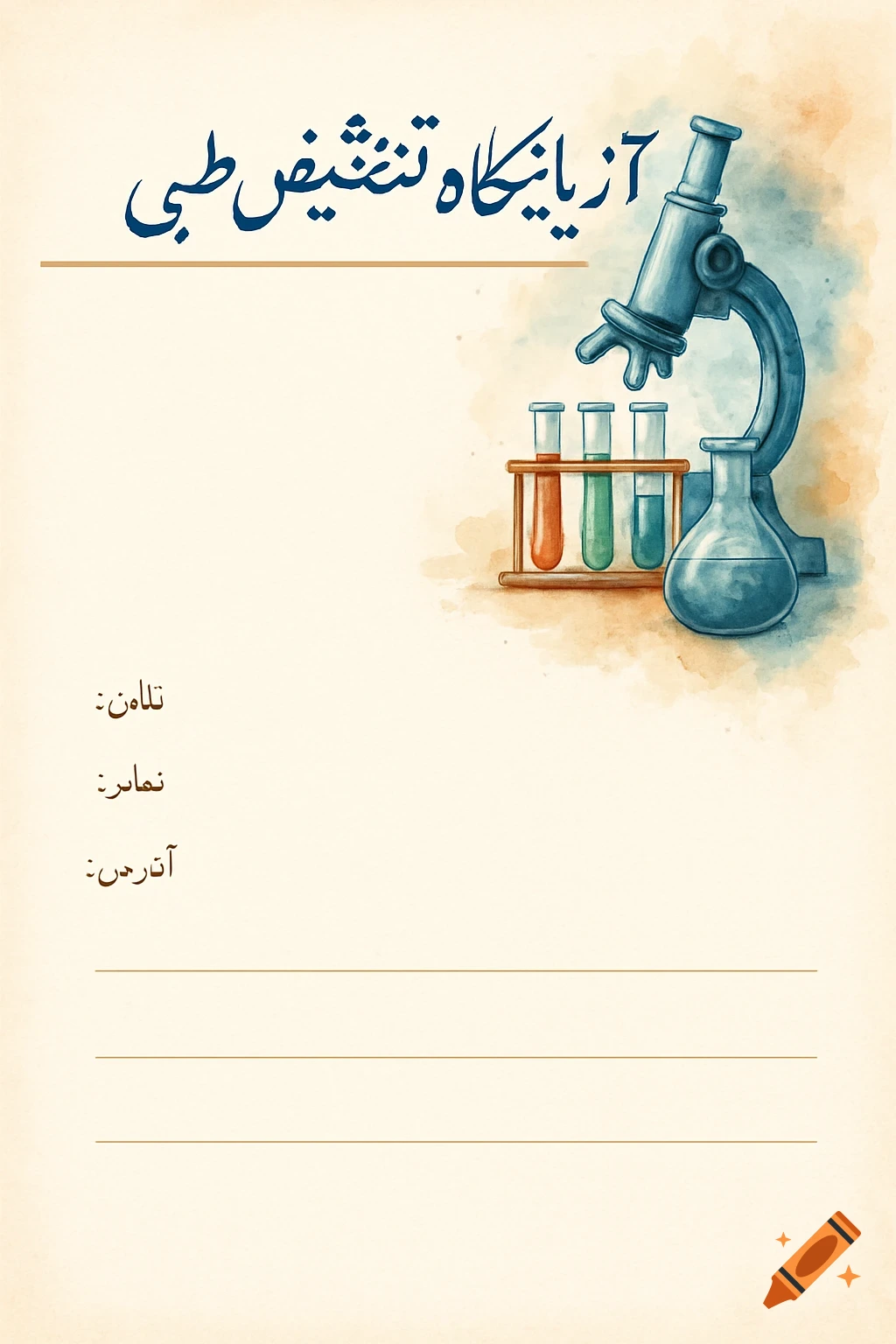 Watercolor illustration of a laboratory header with a microscope, test ...