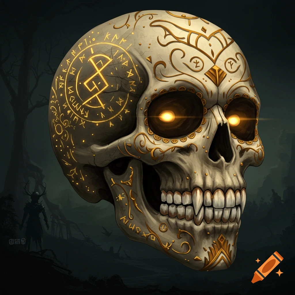 A decorated skull with glowing orange eyes and golden runes against a ...
