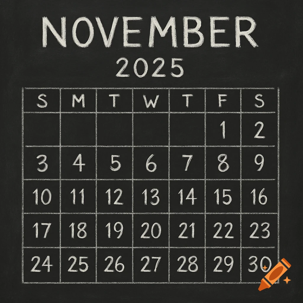 A November 2025 calendar is drawn in white chalk on a black chalkboard ...