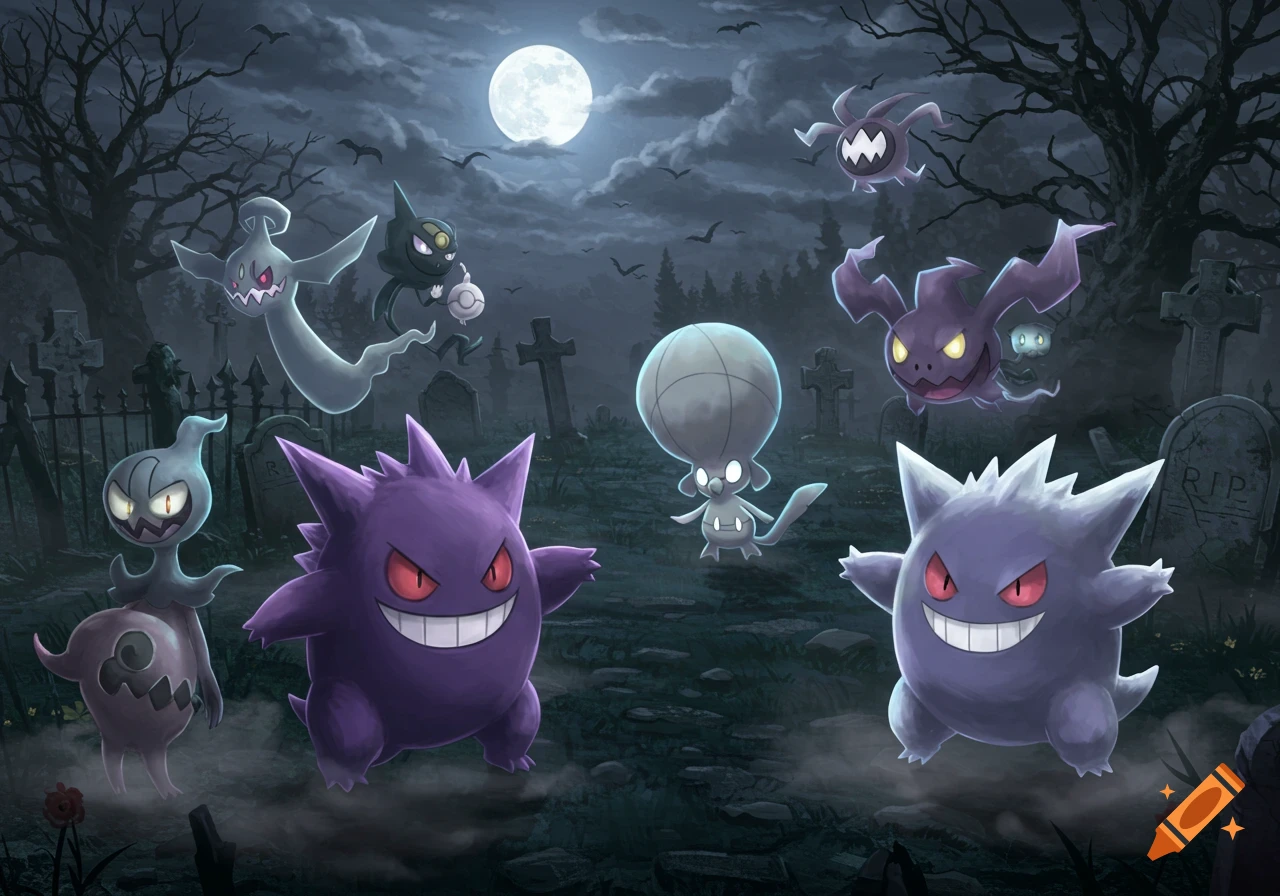 Ghost type Pokemon including Gengar and Haunter in a graveyard under a ...