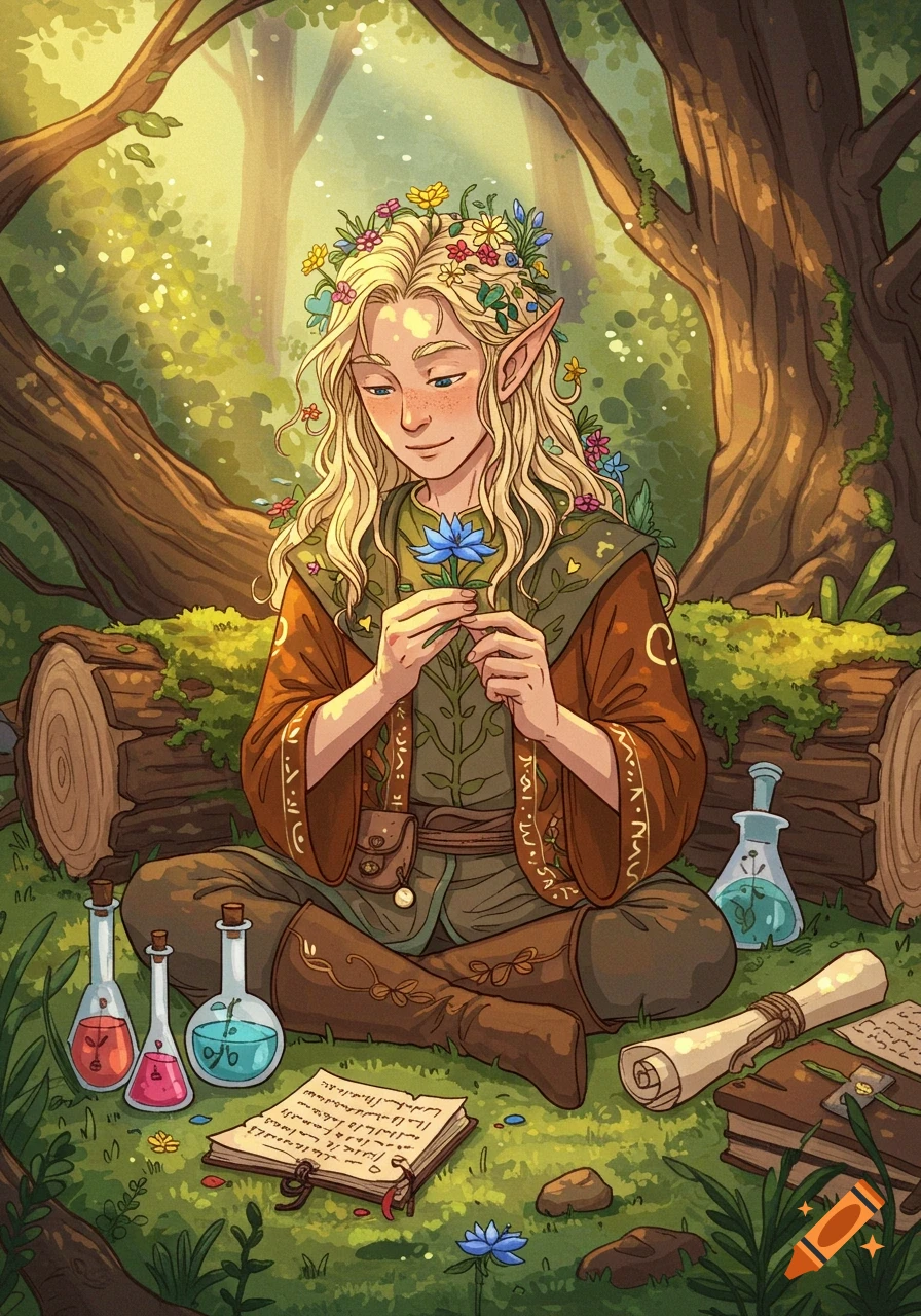Illustration of a blonde elf researcher sitting in a forest studying a ...
