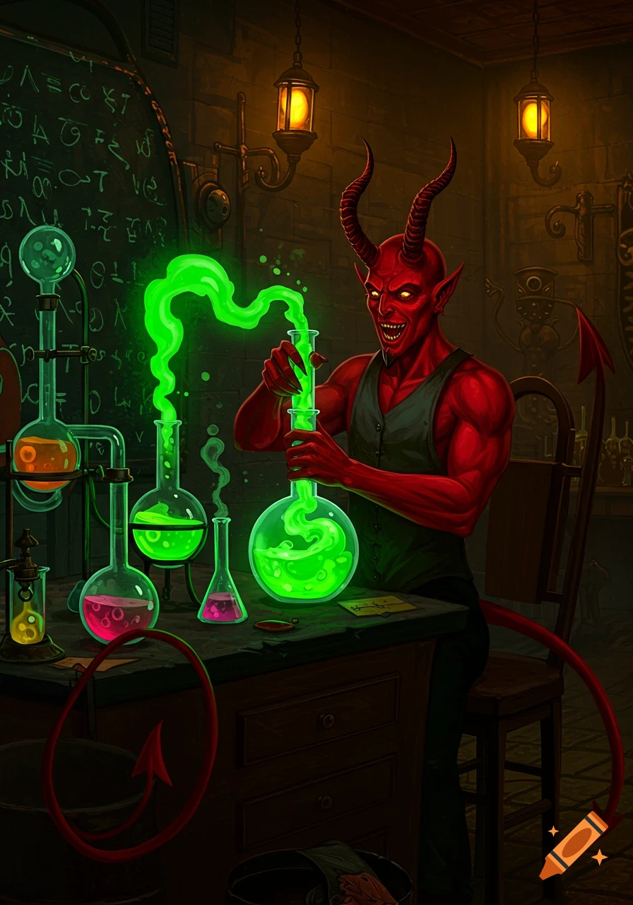 A red-skinned Devil with horns and tail mixes glowing green liquid in ...