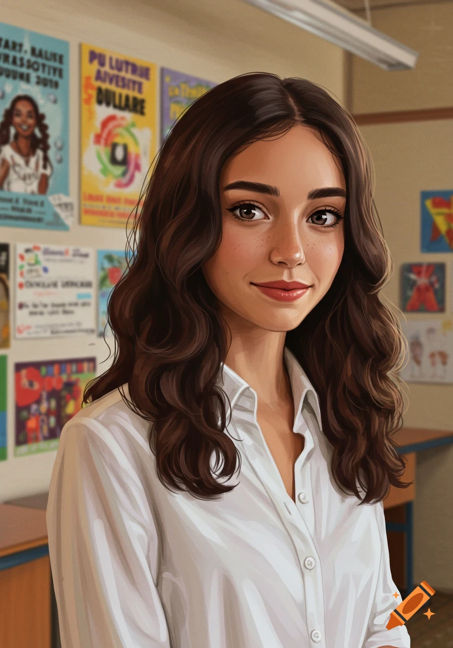 Illustrative portrait of a young woman with brown hair and freckles in ...