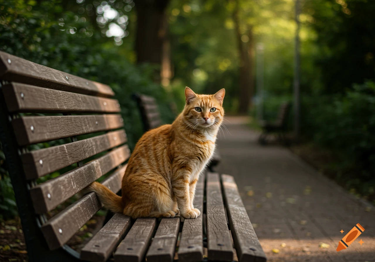 An orange tabby cat sits on a wooden bench in a park path. on Craiyon