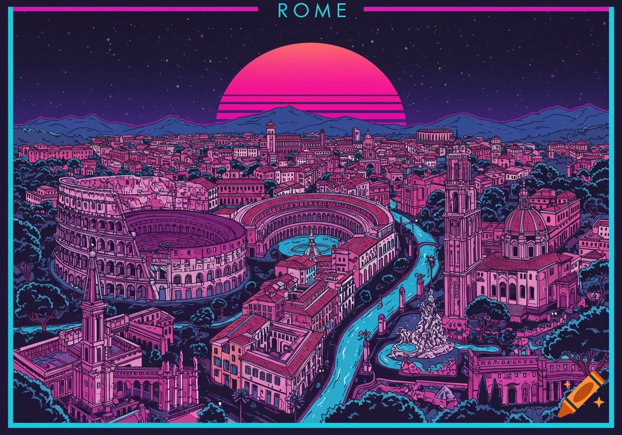 Stylized synthwave illustration of Rome cityscape with the Colosseum ...