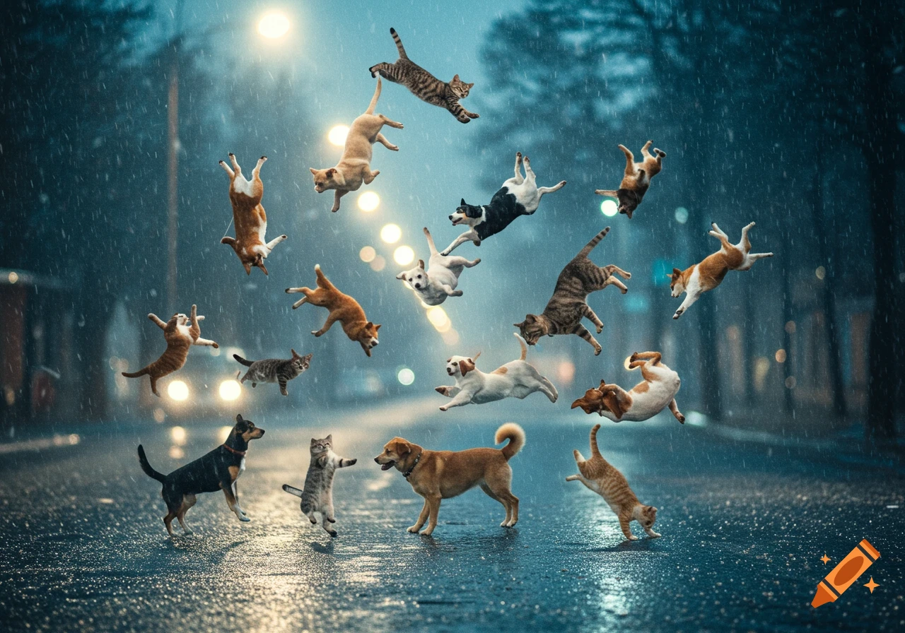 Cats and dogs fall from the sky onto a rainy street at night. on Craiyon