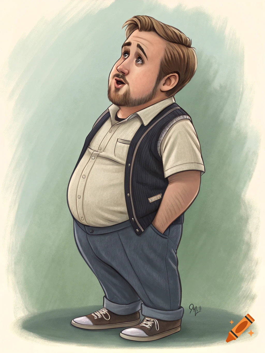 Illustration of a stout man wearing a shirt, vest, and rolled-up pants ...
