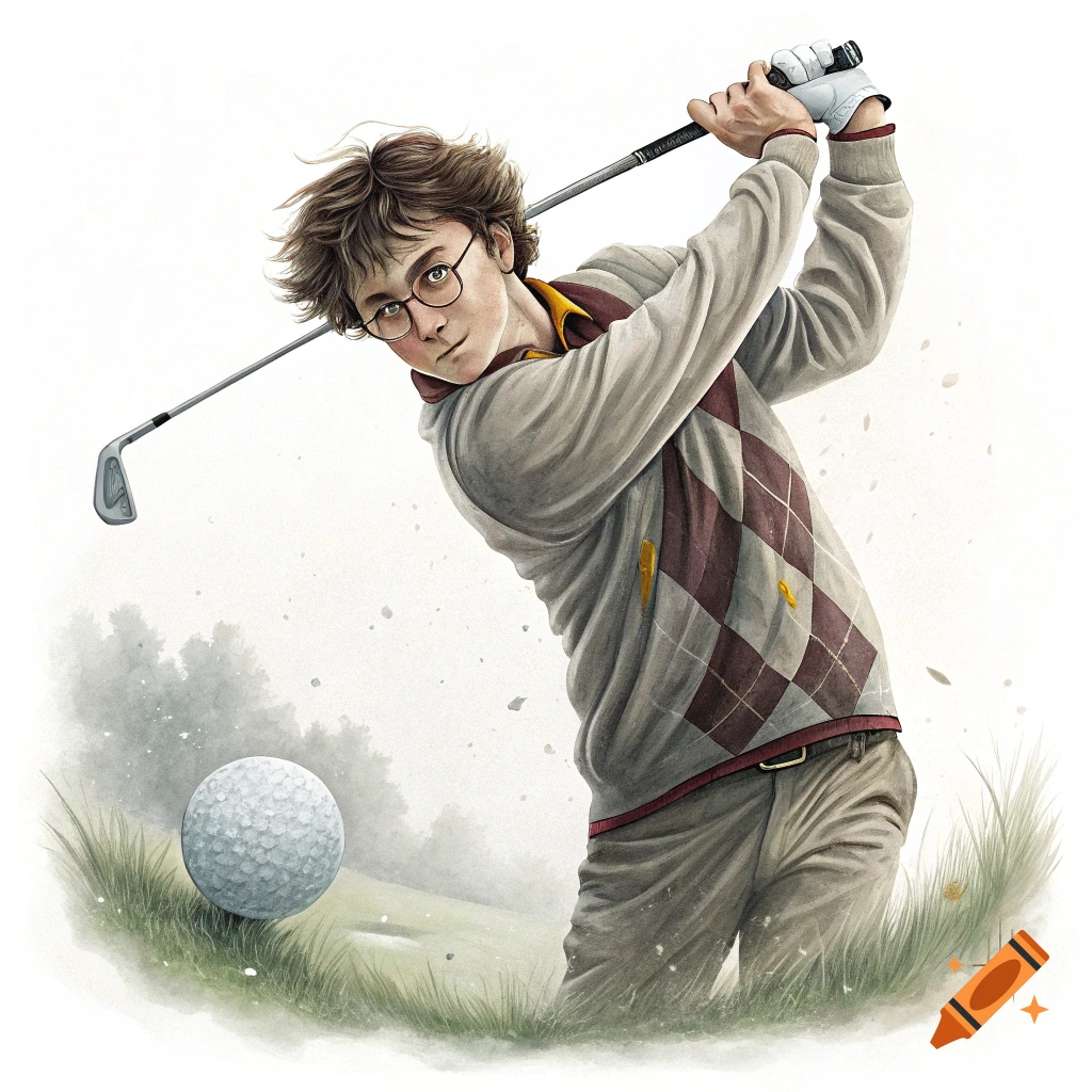 Watercolor illustration of a young man resembling Harry Potter swinging ...