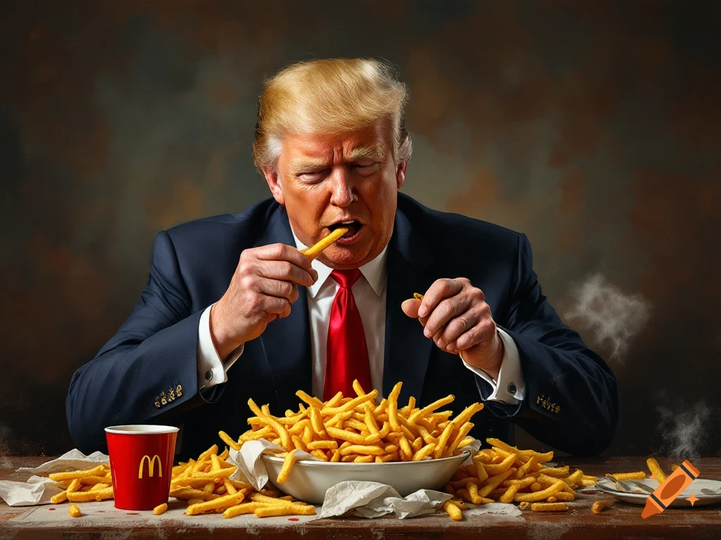 Photorealistic portrait of Donald Trump eating french fries at a table ...