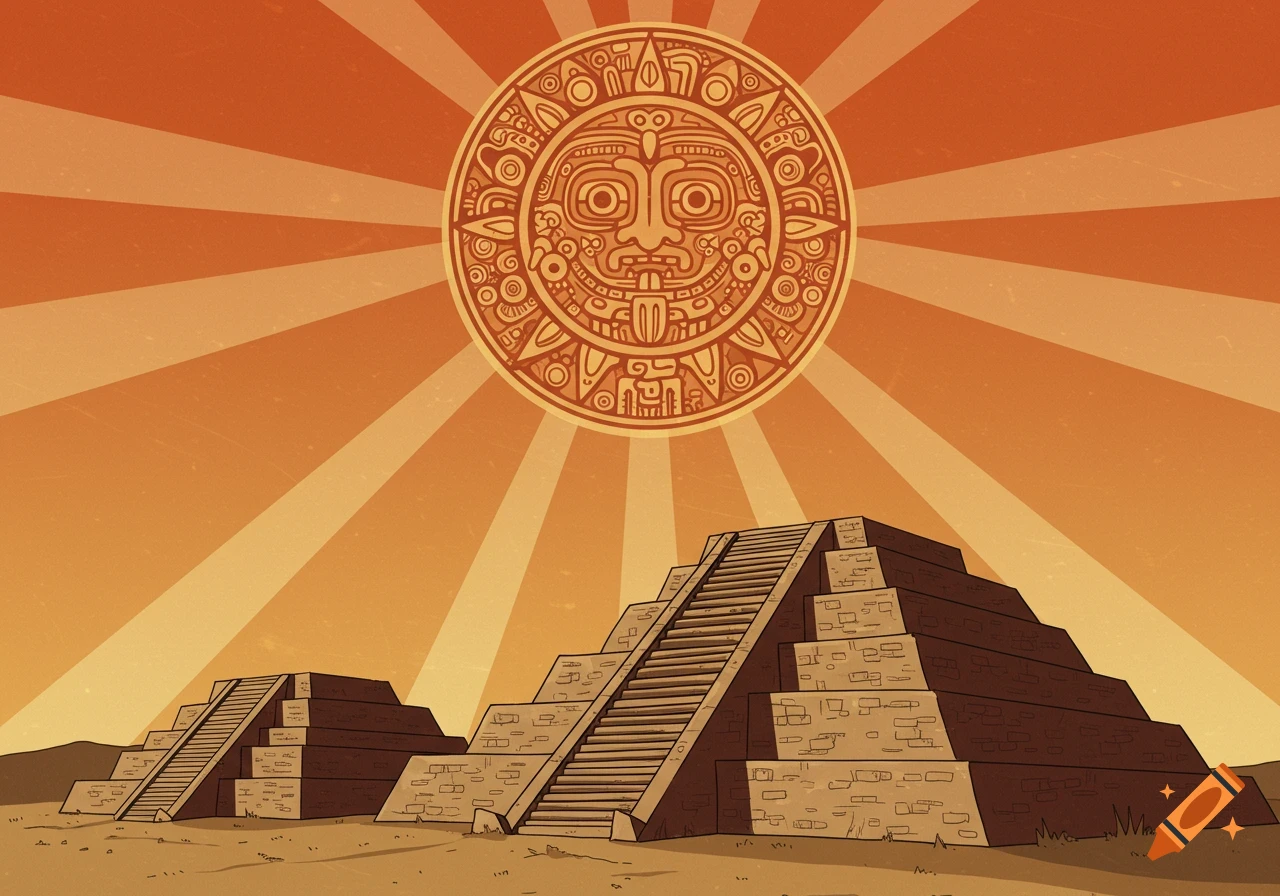 Stylized illustration of Aztec-style pyramids with a detailed sun ...