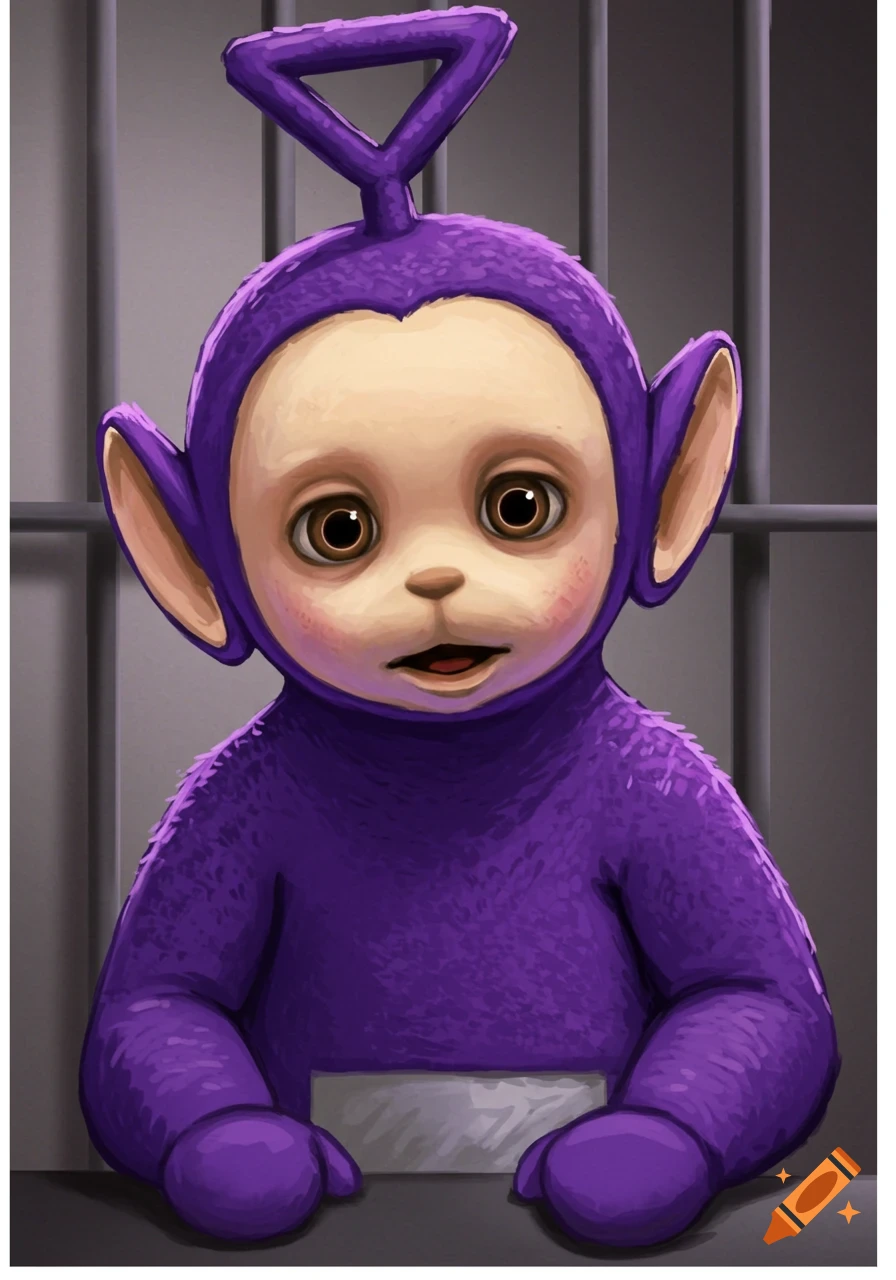 A purple Teletubby looks out from behind prison bars, illustration on ...