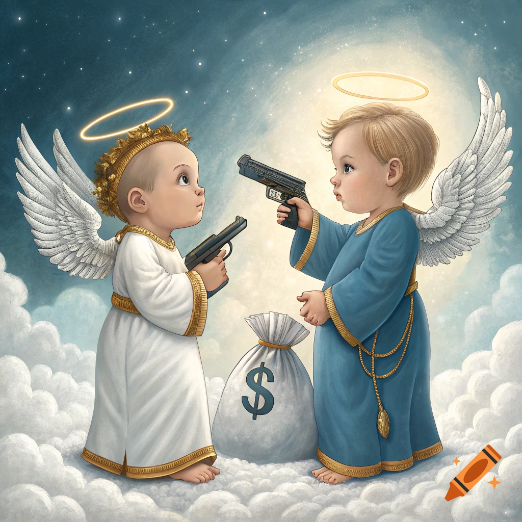 Two baby angels with wings and halos hold guns next to a bag of money ...