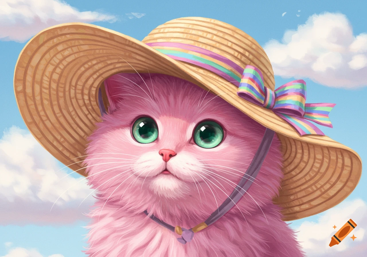 A cute pink cat wearing a straw hat with a colorful ribbon is looking ...