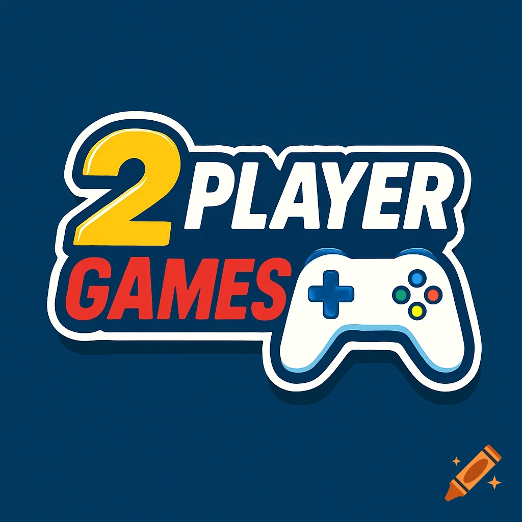 A logo for 2 player games with text and a white game controller. on Craiyon