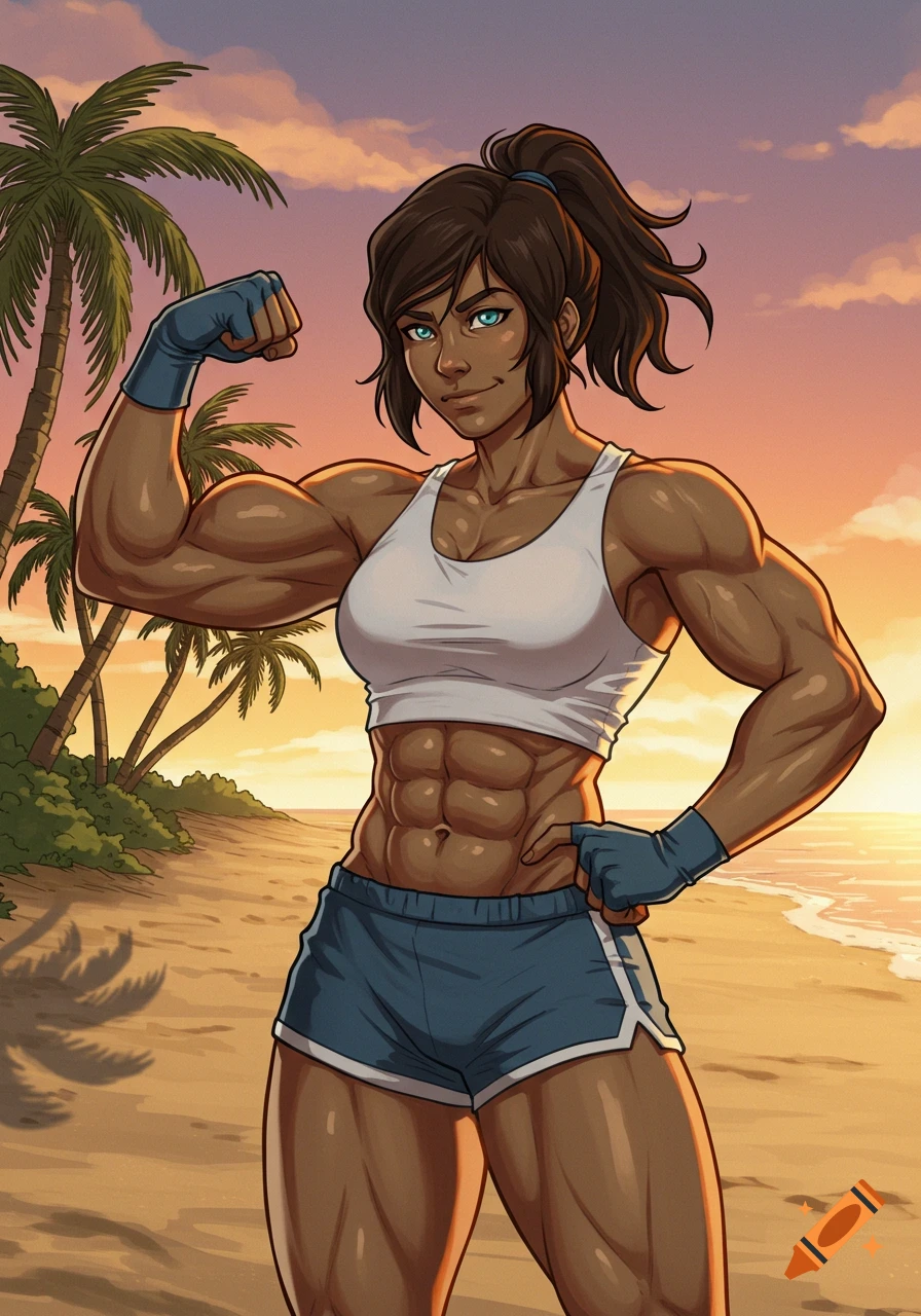 Stylized depiction of a muscular woman flexing on a beach at sunset. on ...