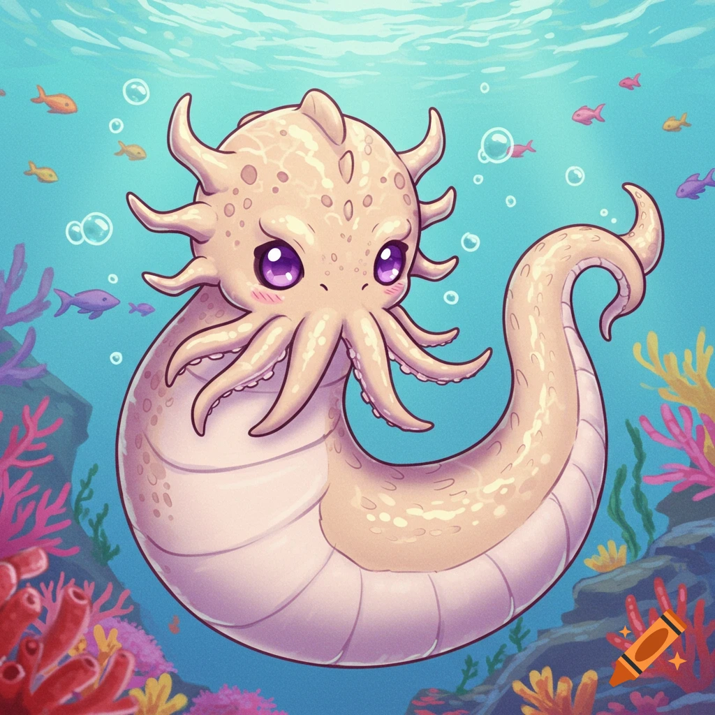 Cute cartoon aboleth underwater with coral and fish. on Craiyon