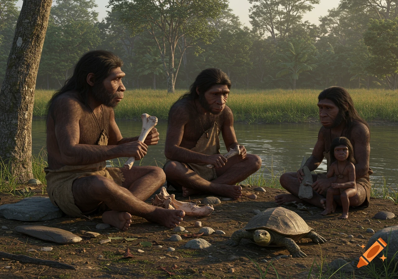 Prehistoric humans and child sit by a river with a turtle and animal ...