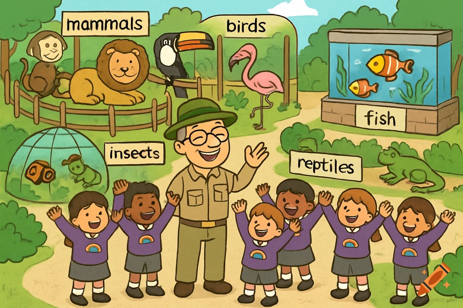 Cartoon illustration of a zoo with various animal enclosures labeled ...