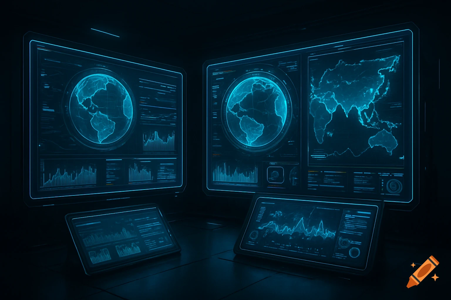 Multiple futuristic screens displaying global maps and data in a dark room with blue light. on ...