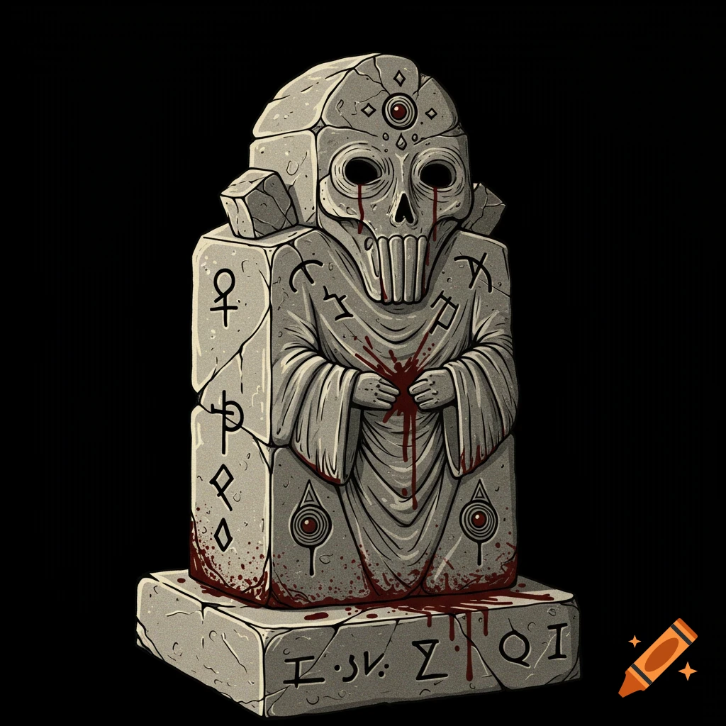 Dark fantasy stone statue with a skull face, draped robes, symbols, and ...