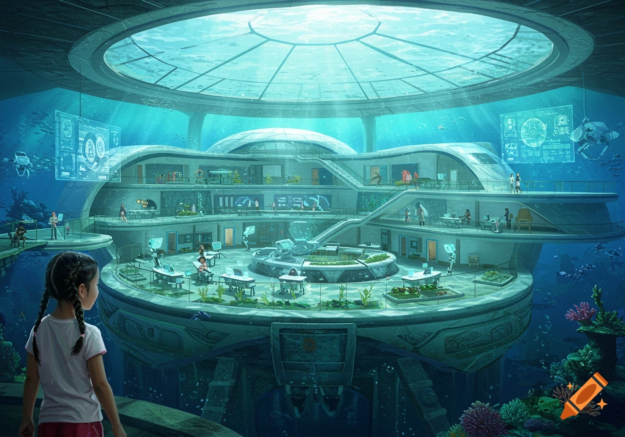 A young girl looks at a large, futuristic underwater building with ...