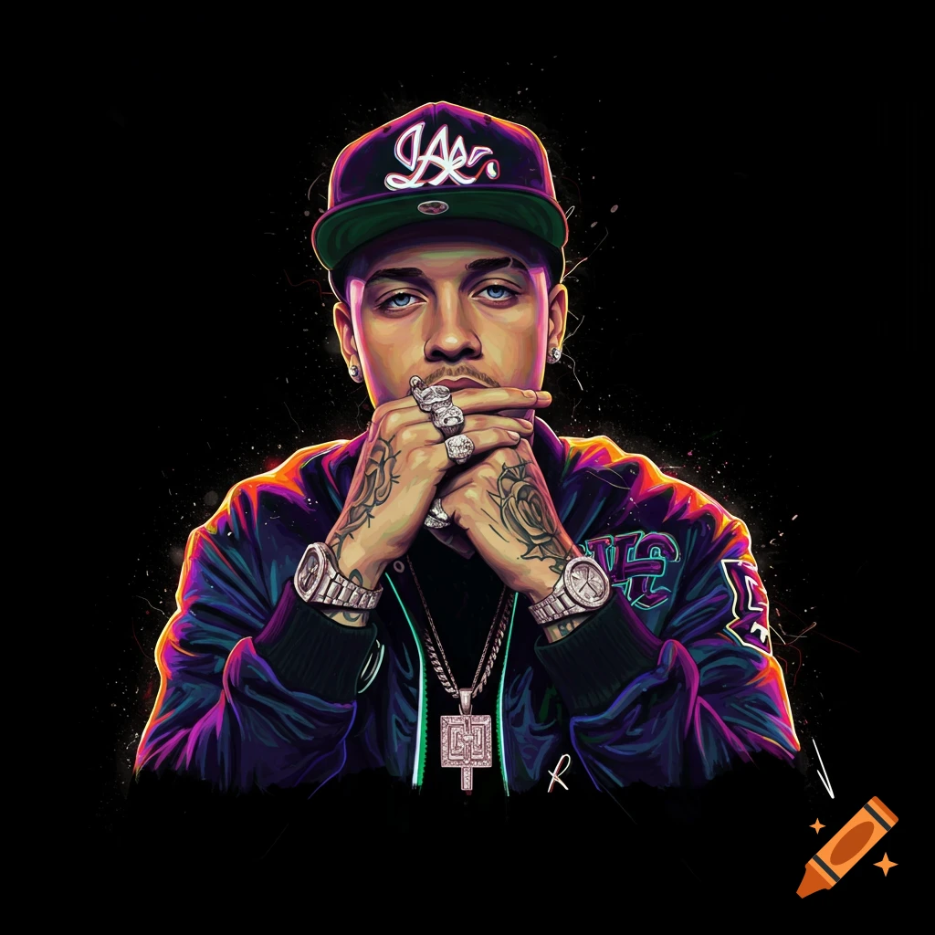 Stylized digital art portrait of a man with a hat, jacket, chains, and ...