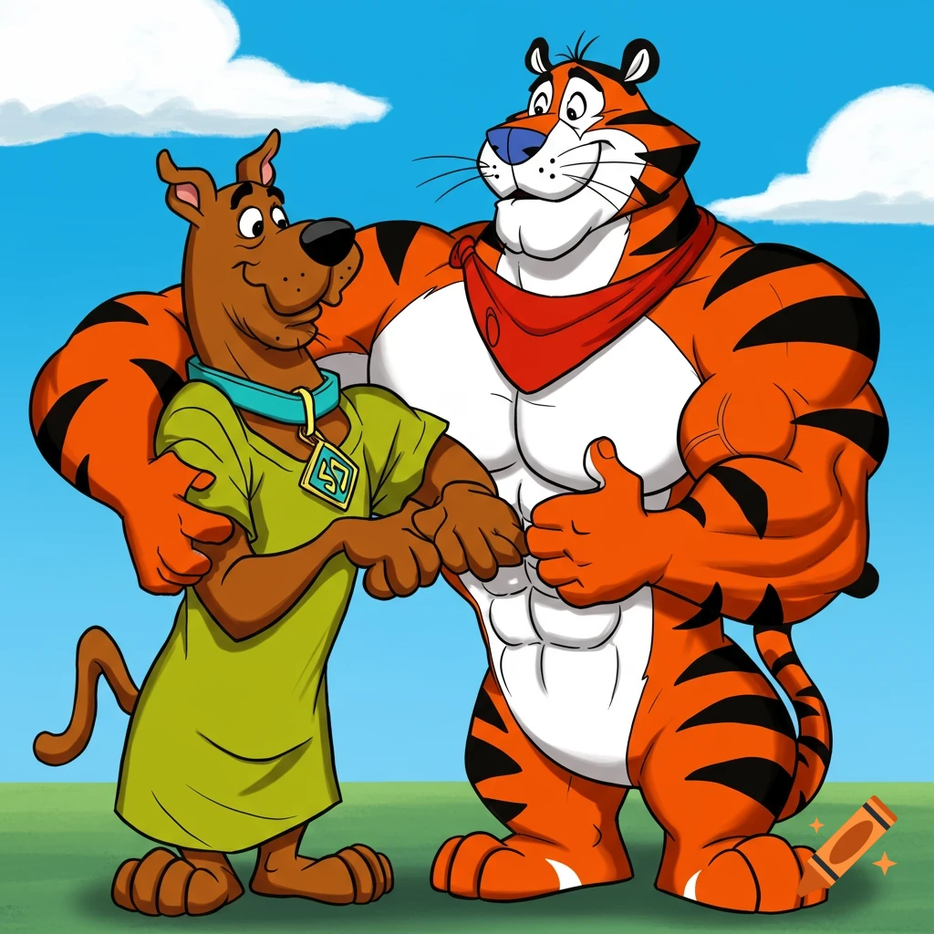 Scooby Doo touches muscular Tony the Tiger in a cartoon. on Craiyon