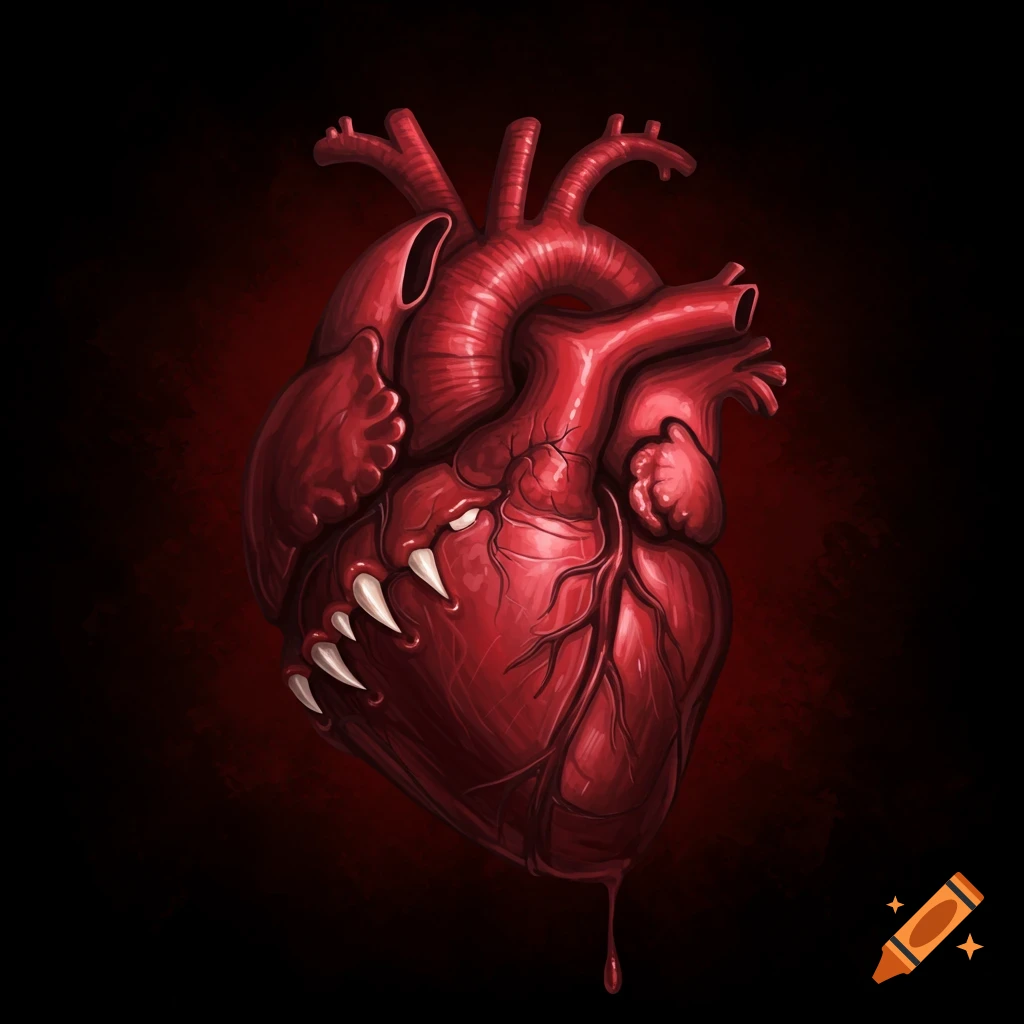 Illustration of a red human heart with sharp fangs, dripping blood against a dark background. on ...