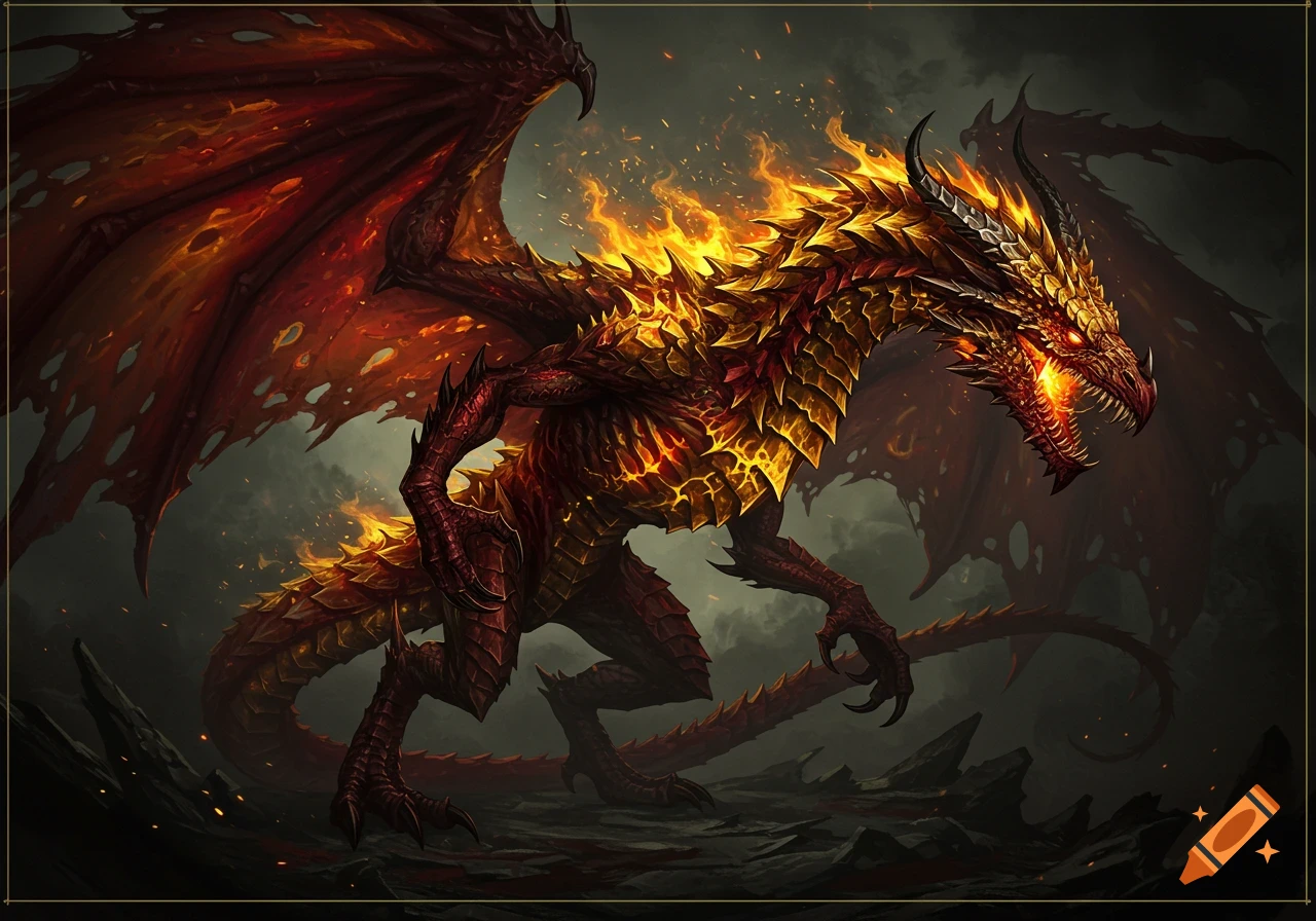 A fearsome red and gold dragon covered in flames, in a dark fantasy ...